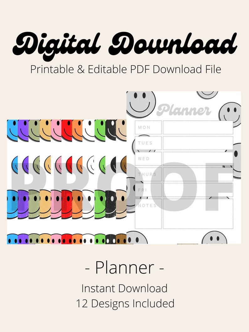 Smiley Face Printable & Editable planner PDF - Etsy
