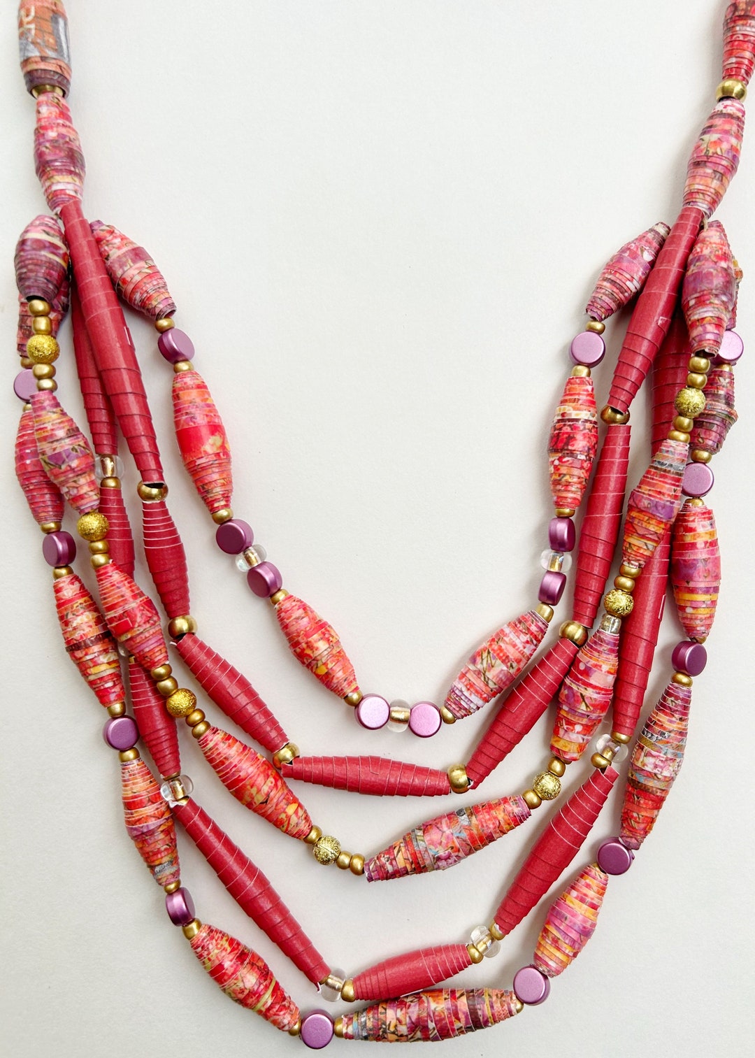 Red and Pink 5 Strand Bead Necklace, Chunky Long Layered Necklace ...