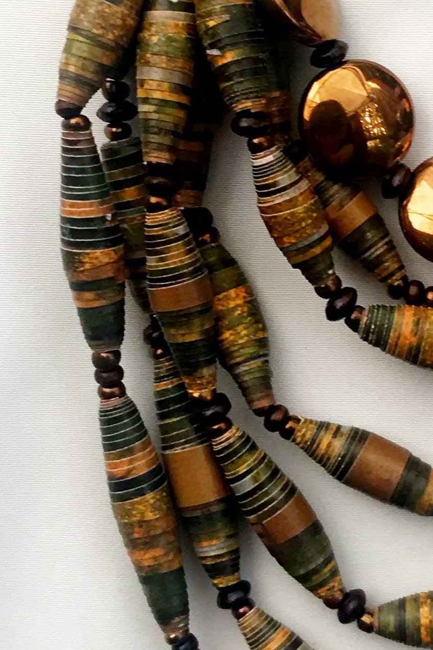 Seven Strand Bronze and Brown Bead Necklace, Chunky Mixed Bead ...