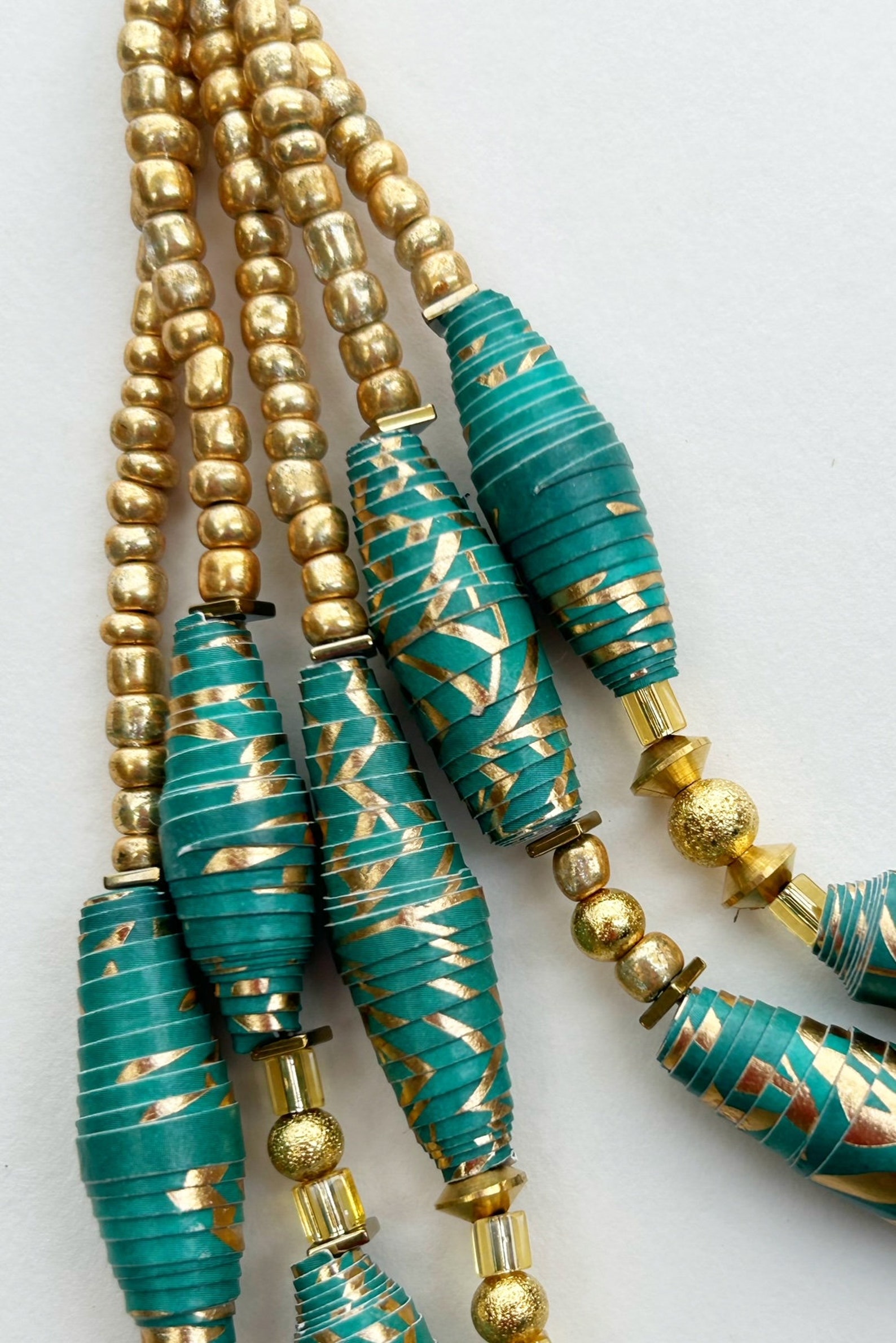 Ocean Blue Paper Bead Necklace: Gold Accent Multistrand Statement ...