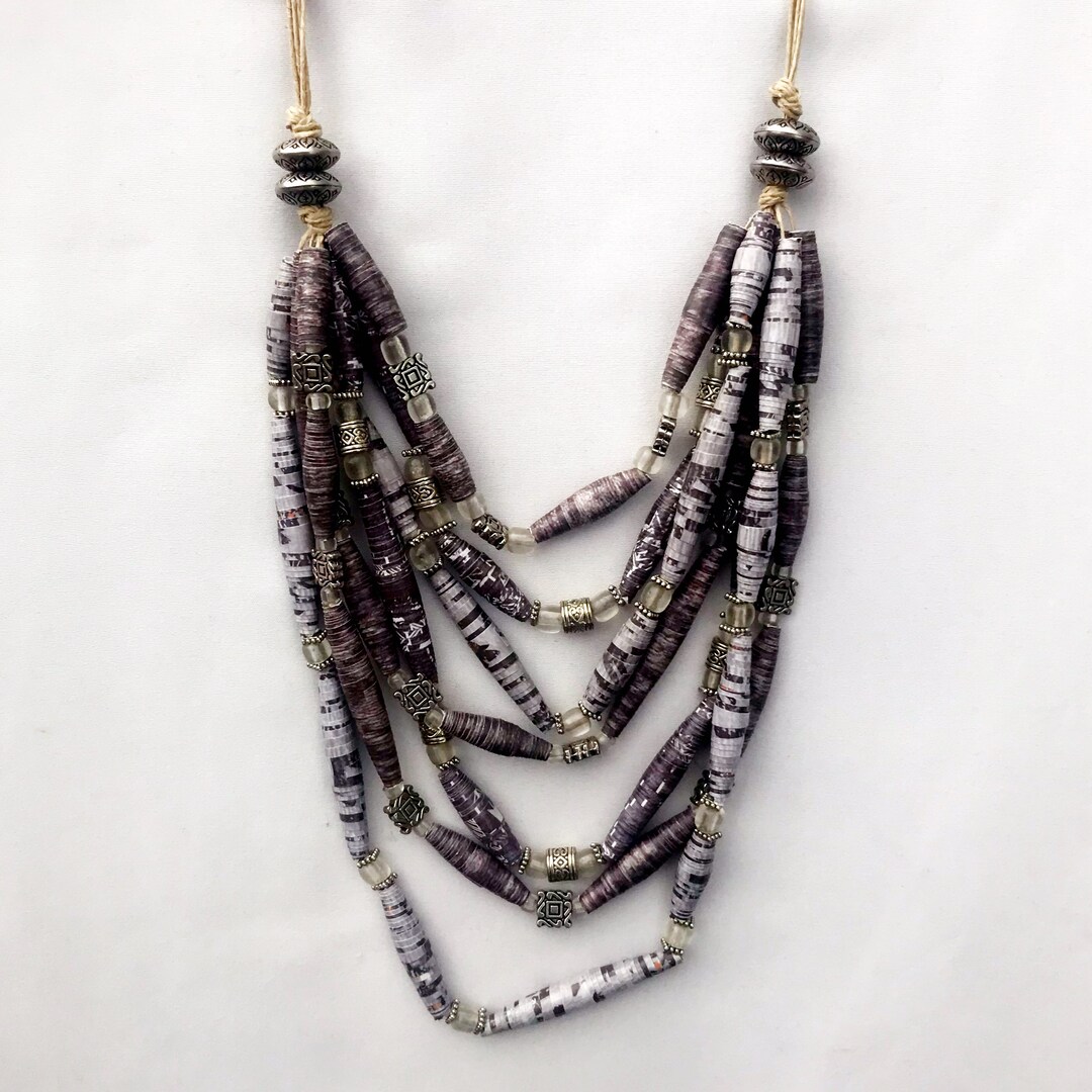 Silver 7 Strand Mixed Bead Necklace, Paper Bead Statement Jewelry ...