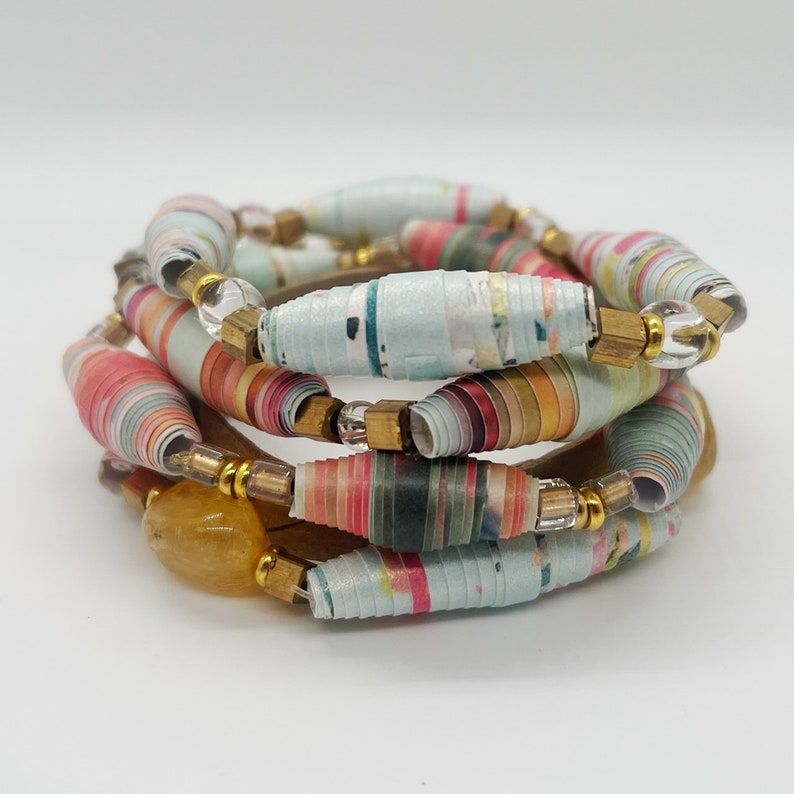 Multi-color Gold Accent Stack Bracelets, Colorful Paper Bead Bracelet ...