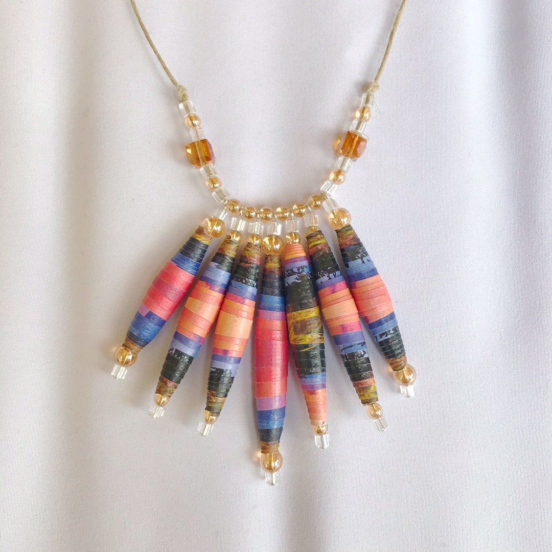 Mixed Bead Single Strand Statement Necklace, Colorful Paper Bead ...