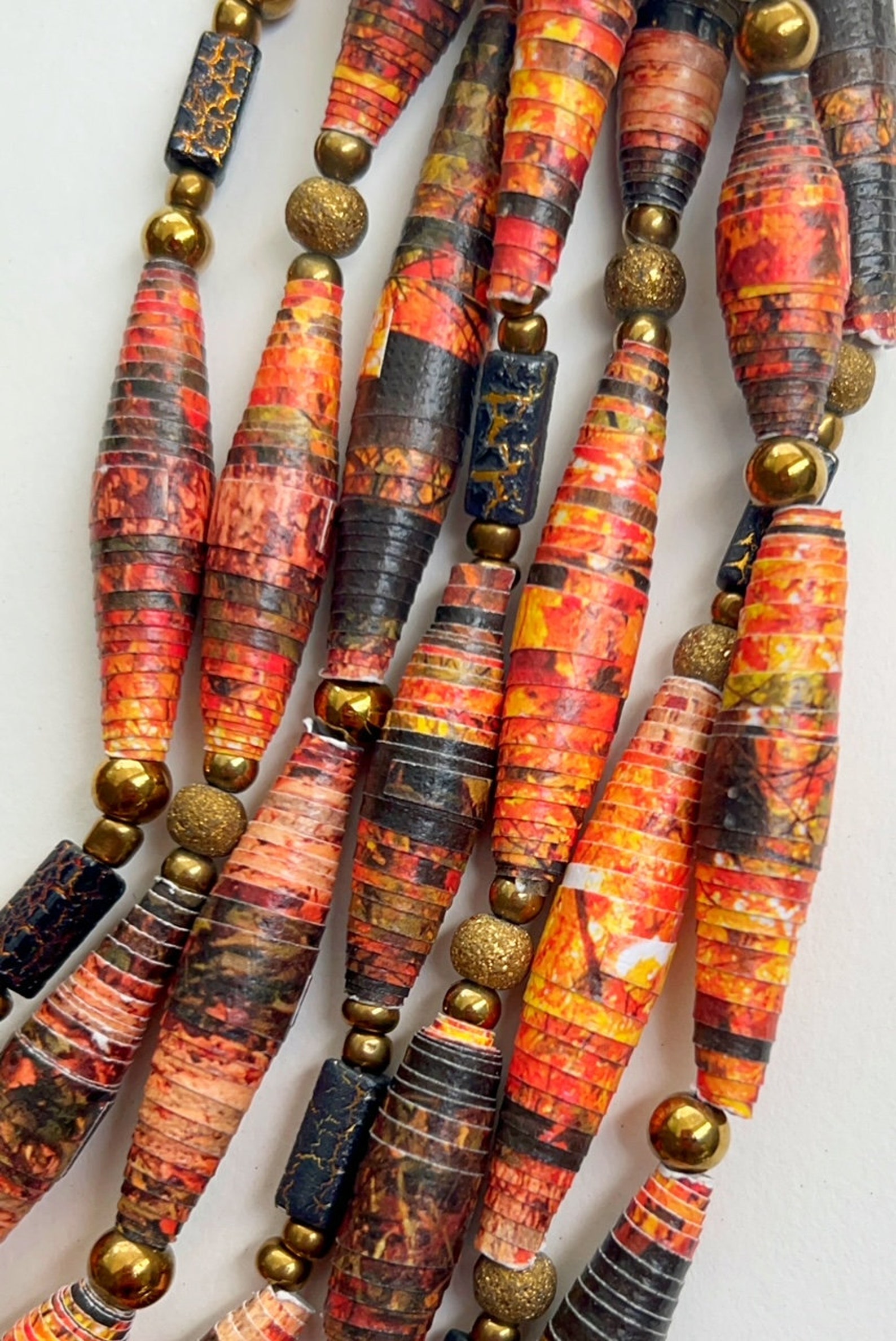 Black and Gold Long Layering Bead Necklace, Multistrand Paper Bead ...