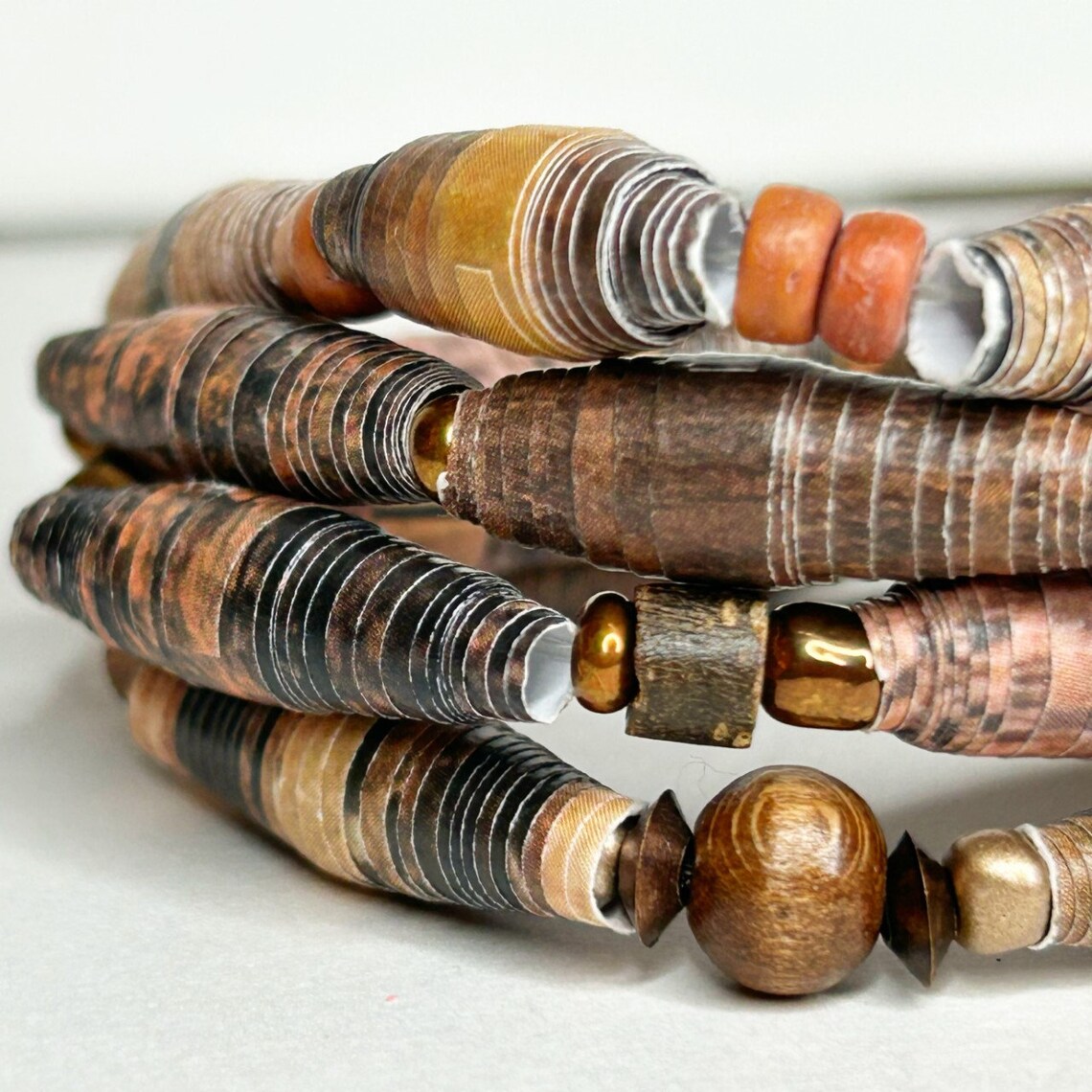 Brown and Bronze Bead Bracelet Set, Handmade Paper Bead Jewelry, Trendy ...