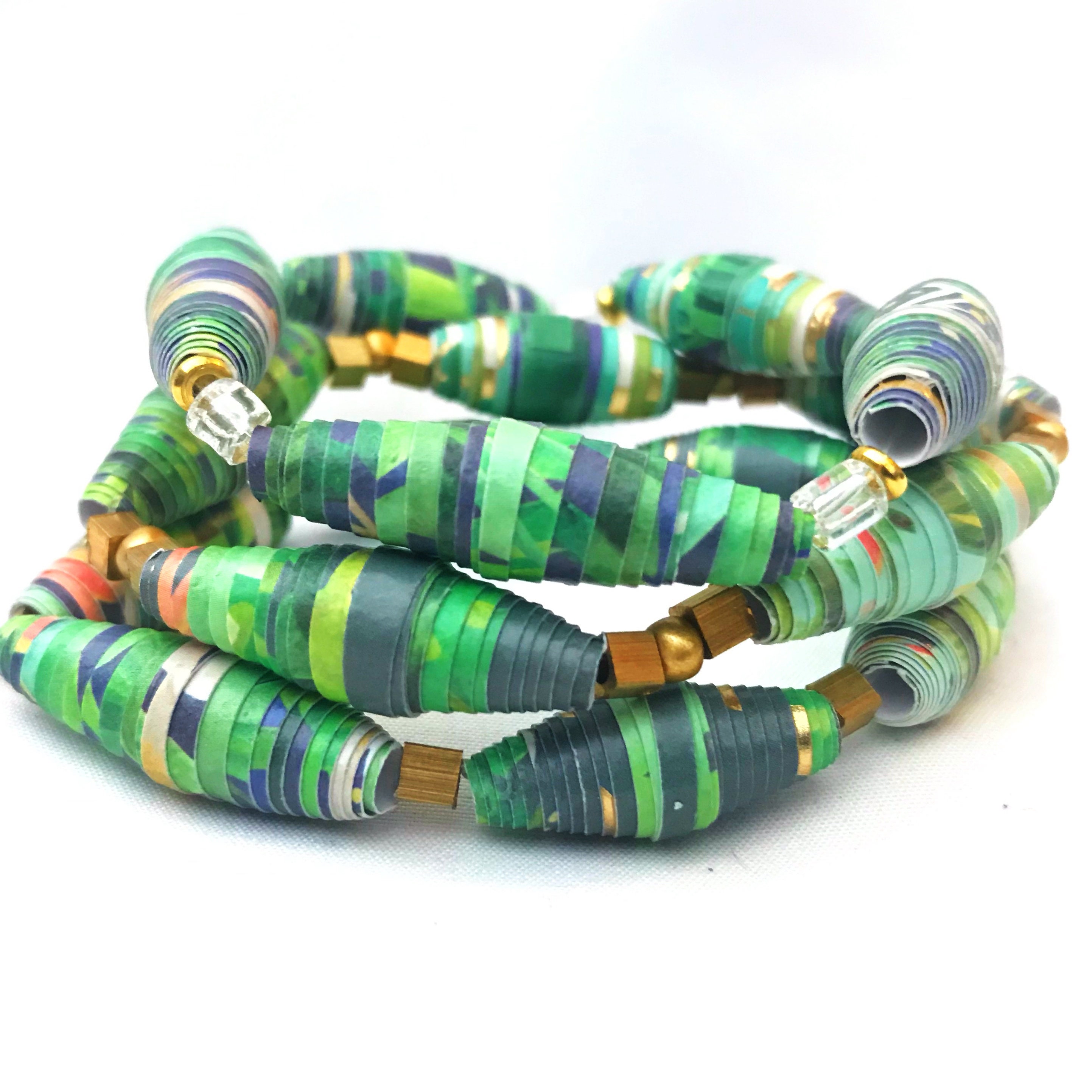 Green Mixed Bead Stack Bracelet Set Gold Accent Paper Bead - Etsy