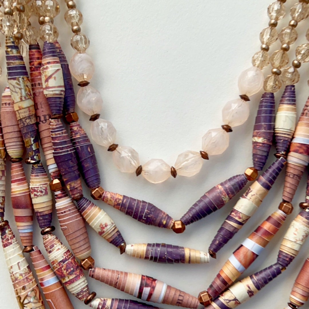Multicolor Lightweight Statement Necklace, Trendy Paper Bead Jewelry ...