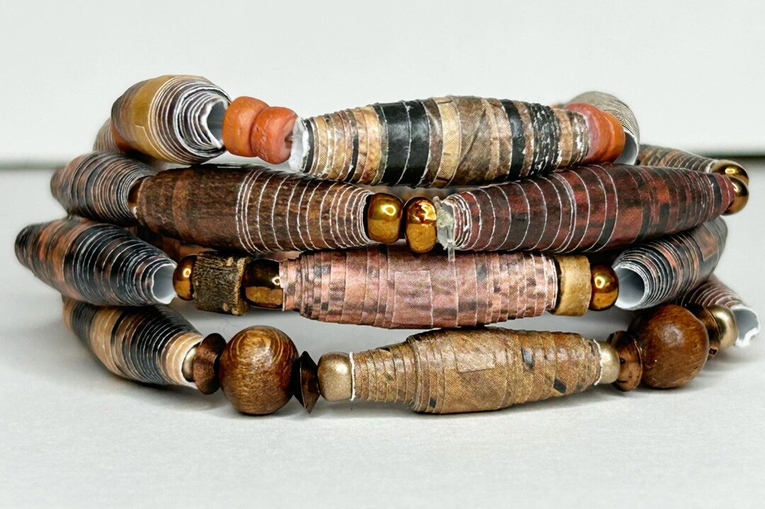 Brown and Bronze Bead Bracelet Set, Handmade Paper Bead Jewelry, Trendy ...