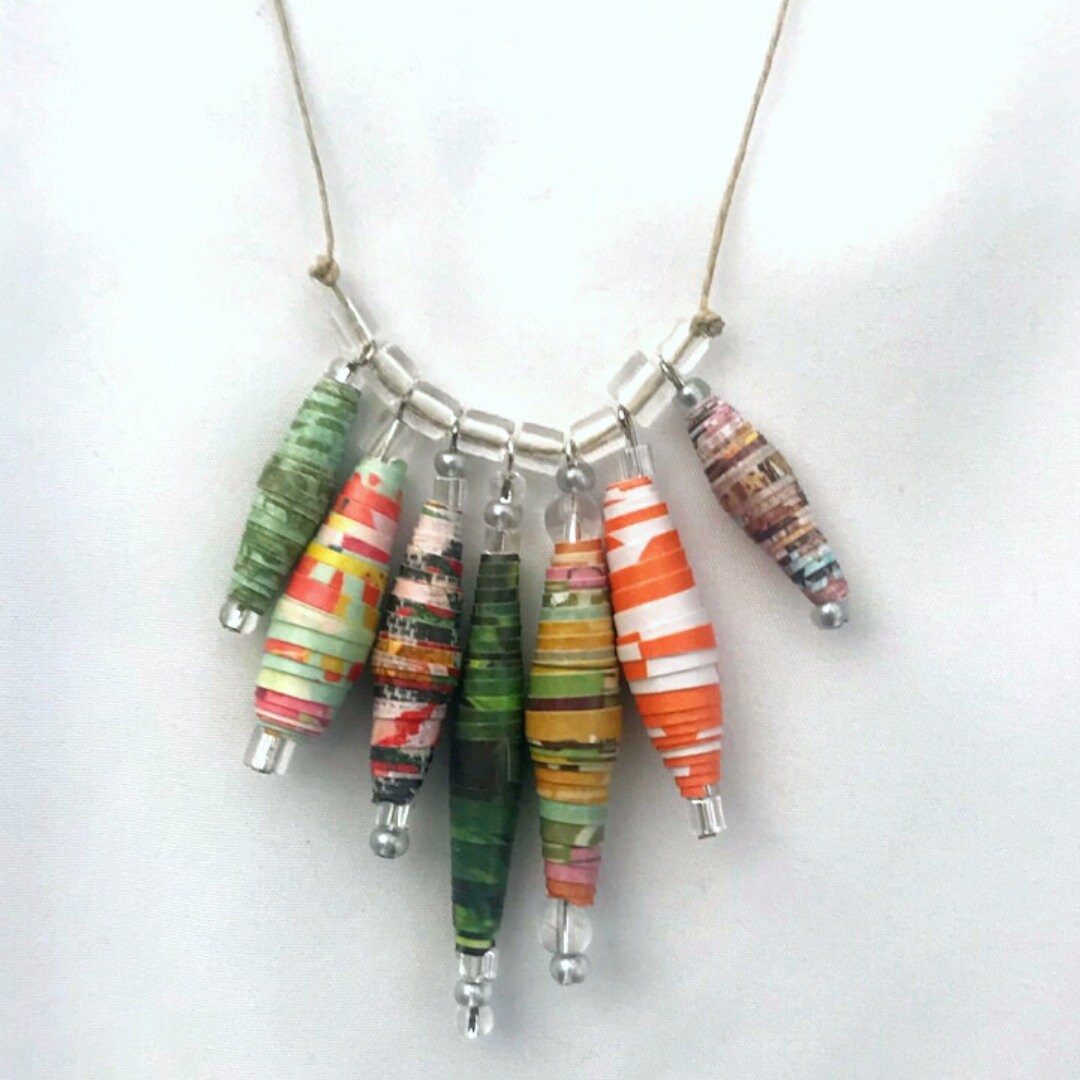 Multi-color Single Strand Bead Necklace, Colorful Paper Bead Jewelry ...