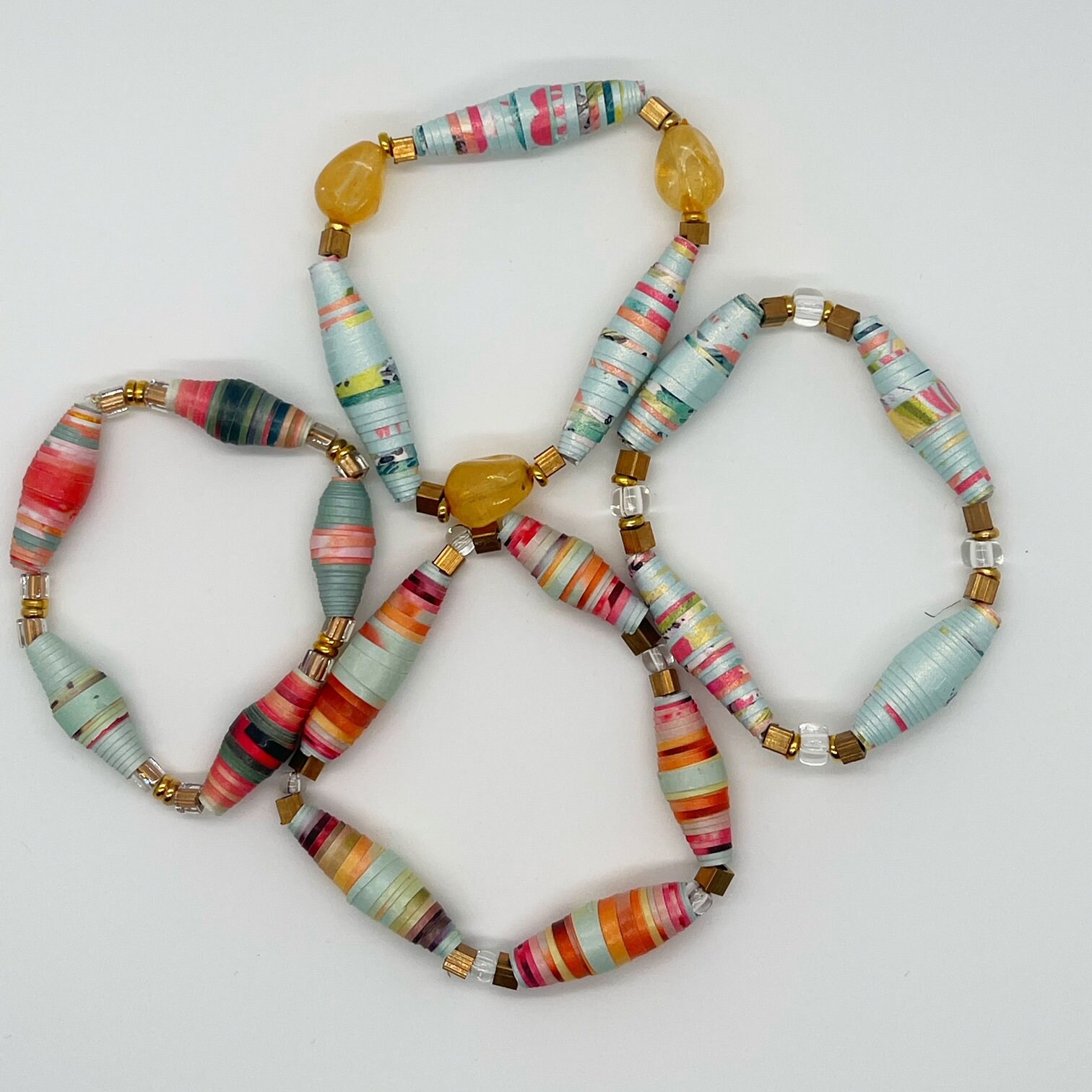 Multi-color Gold Accent Stack Bracelets, Colorful Paper Bead Bracelet ...