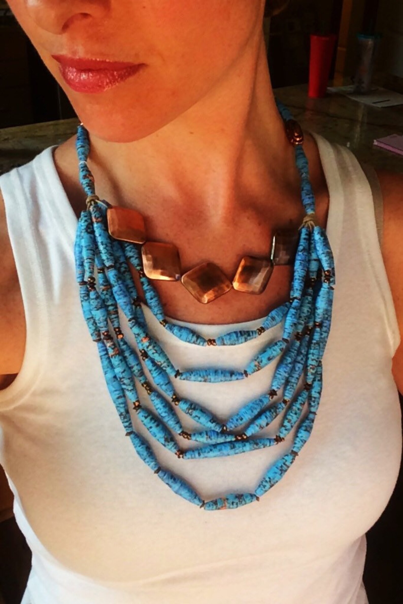 Blue Paper Bead Statement Necklace: Chunky Multi-strand Bib - Etsy
