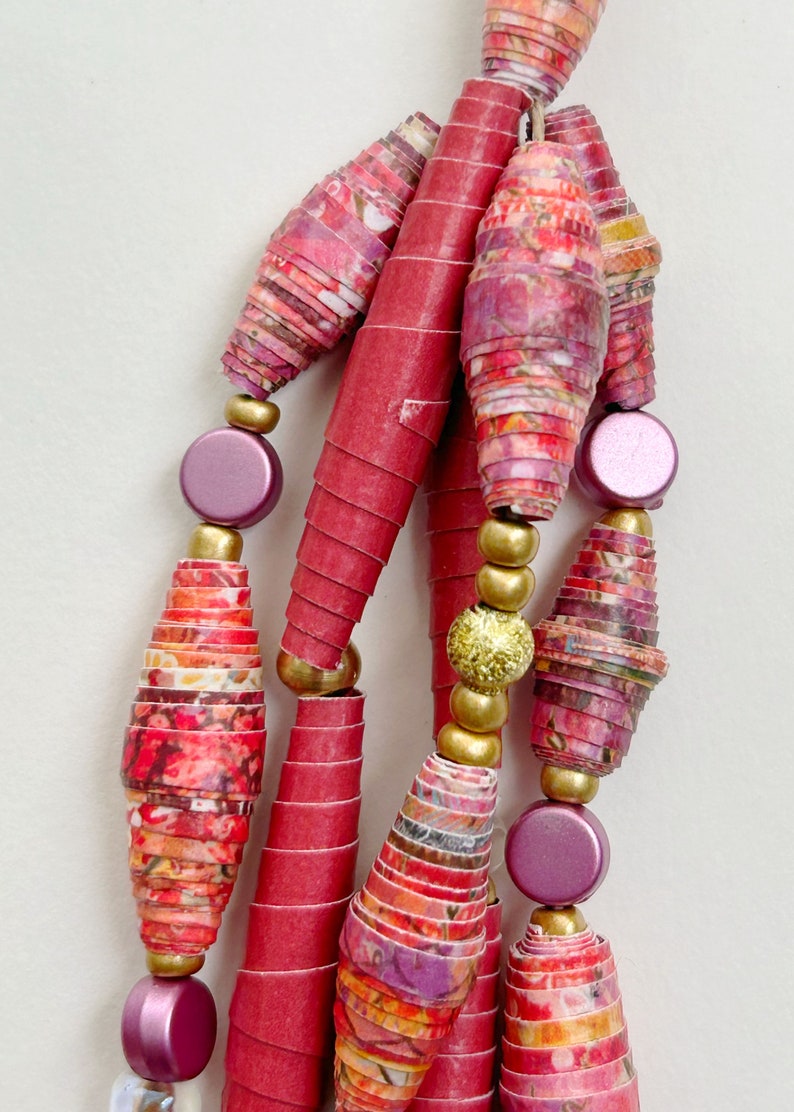 Red and Pink 5 Strand Bead Necklace, Chunky Long Layered Necklace ...