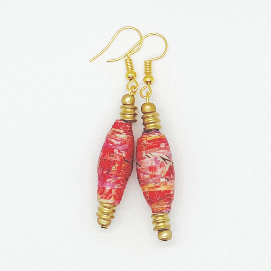 Red and Gold Statement Bead Earrings, Colorful Paper Bead Jewelry ...
