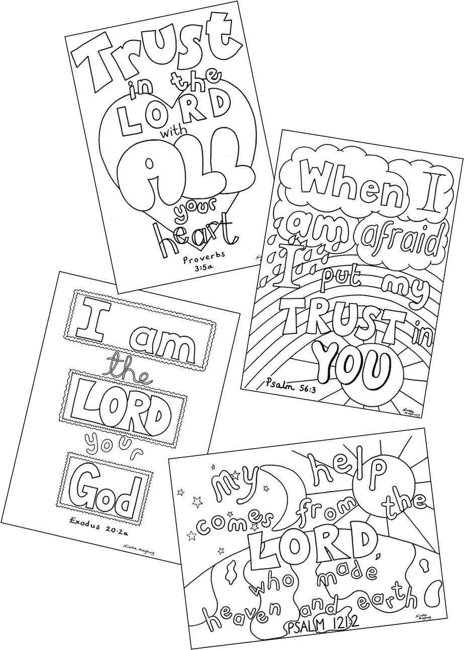 Set of 4 Christian Colouring Sheets Trusting God Help Pack Ideal Sunday ...