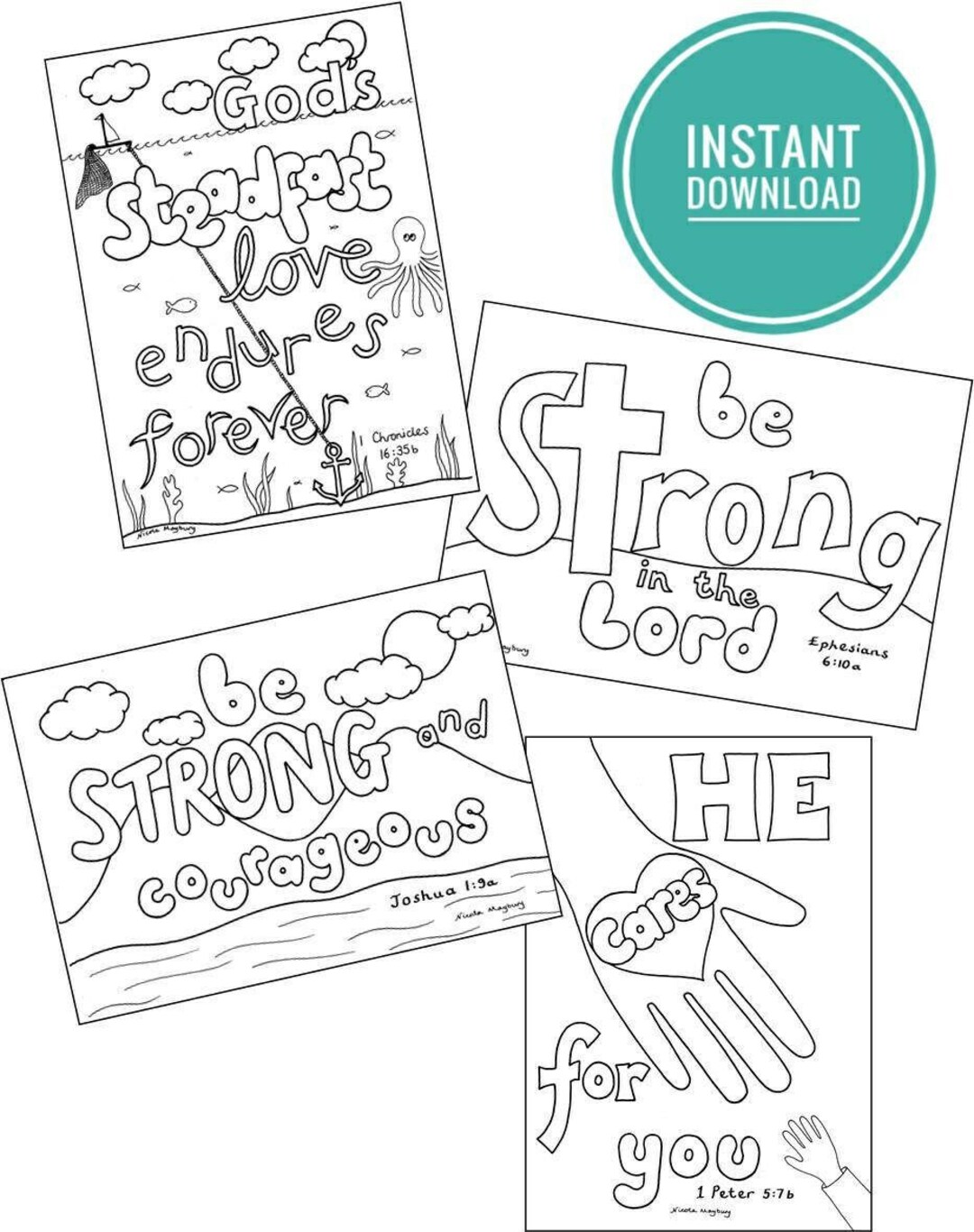 Set of 4 Christian Colouring Sheets Strong and Courageous Pack Ideal ...