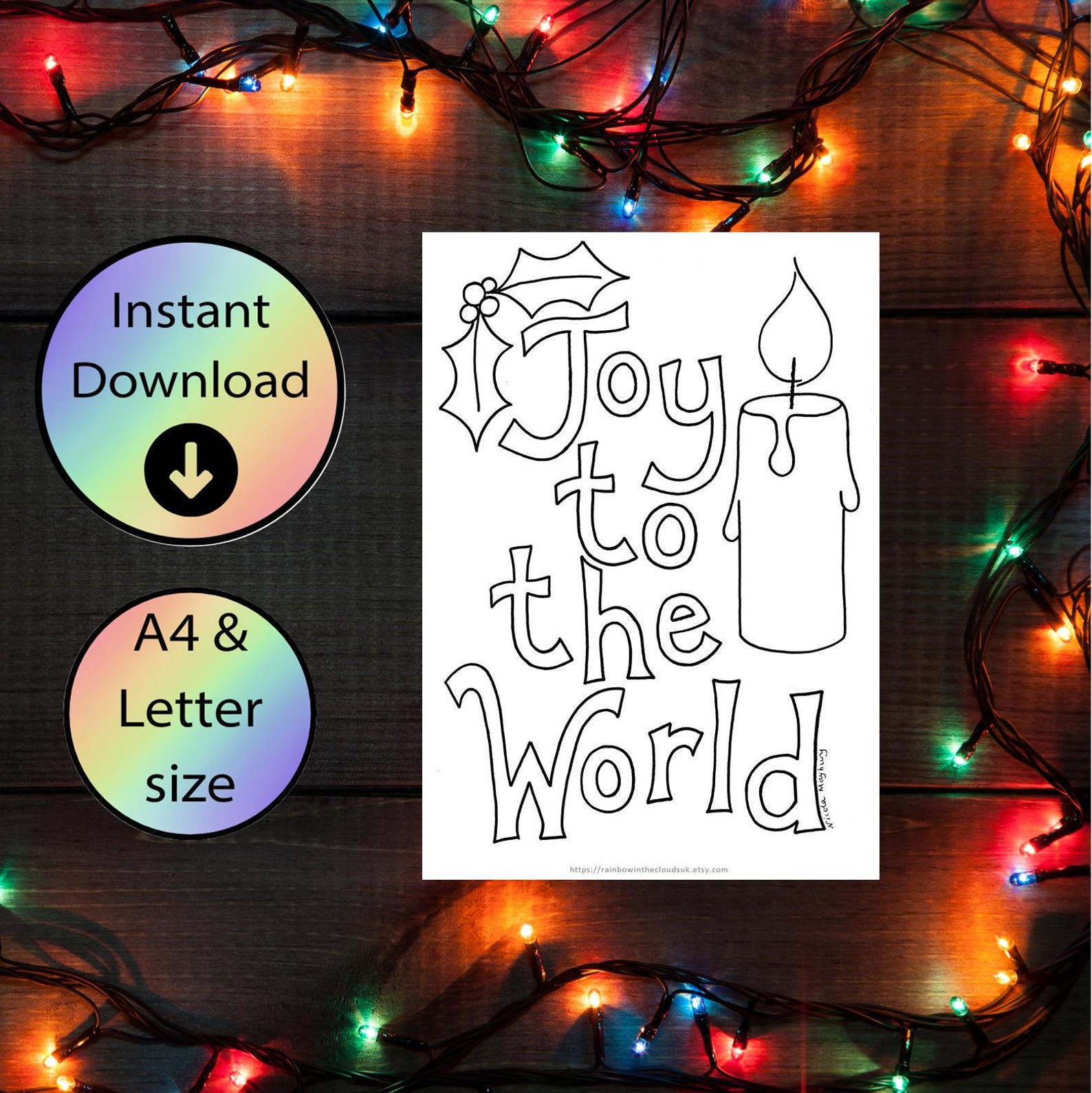 Christmas Coloring Page: Joy to the World, Holly Candle (a4/letter PDF ...