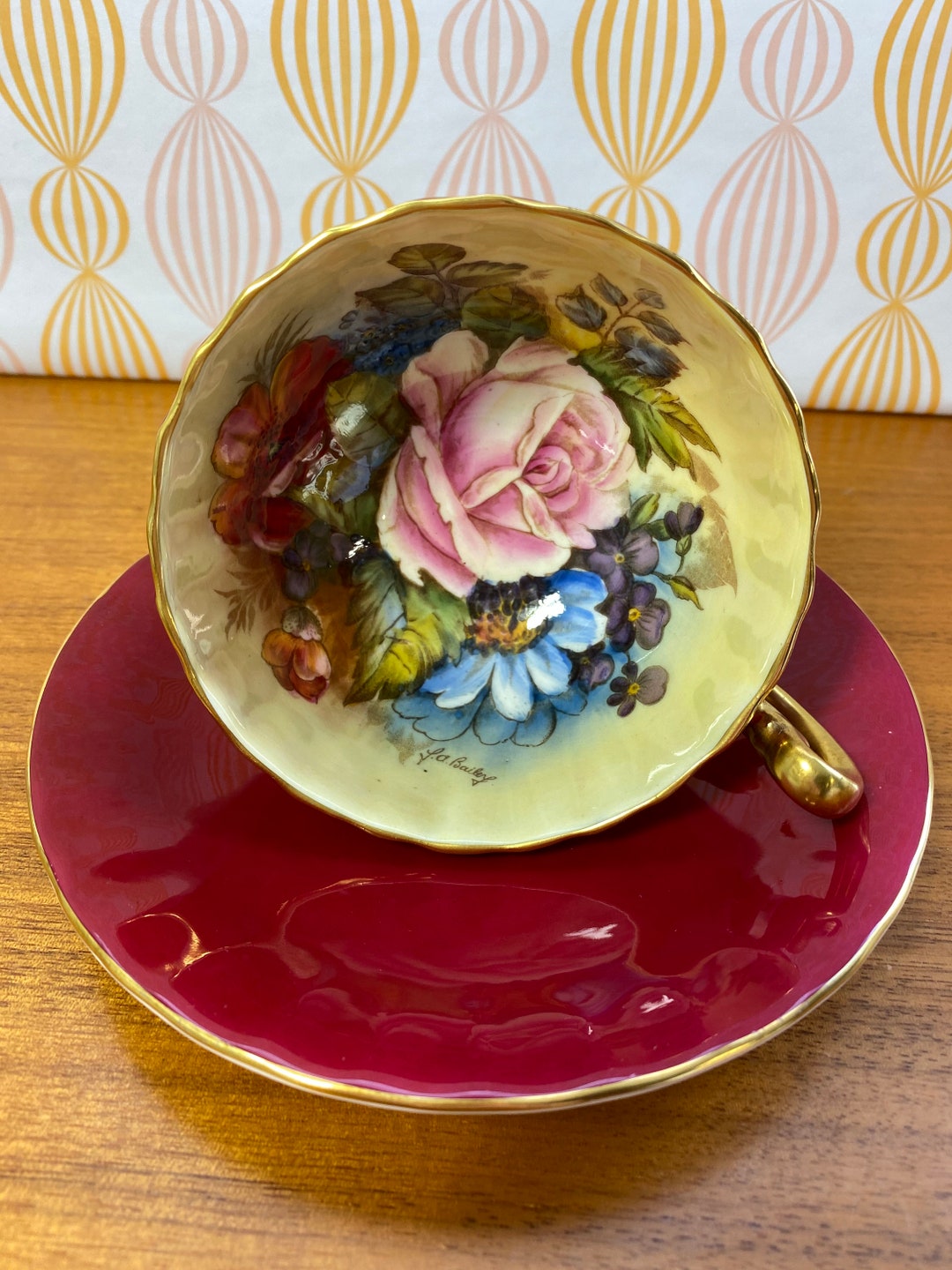 Aynsley Signed JA Bailey Teacup and Saucer, Large Roses and Flowers Red ...