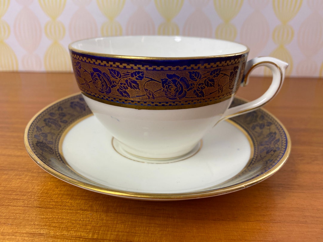 Crown Chelsea China Tea Cup and Saucer, Gold and Dark Cobalt Blue Roses ...