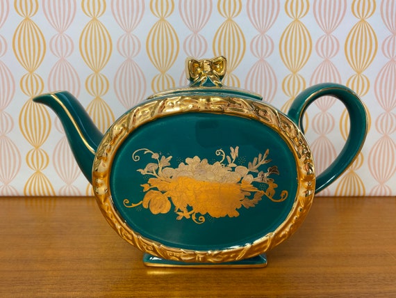 Forest Green Barrel Teapot With Gold Flowers and Gold Bow Lid - Etsy