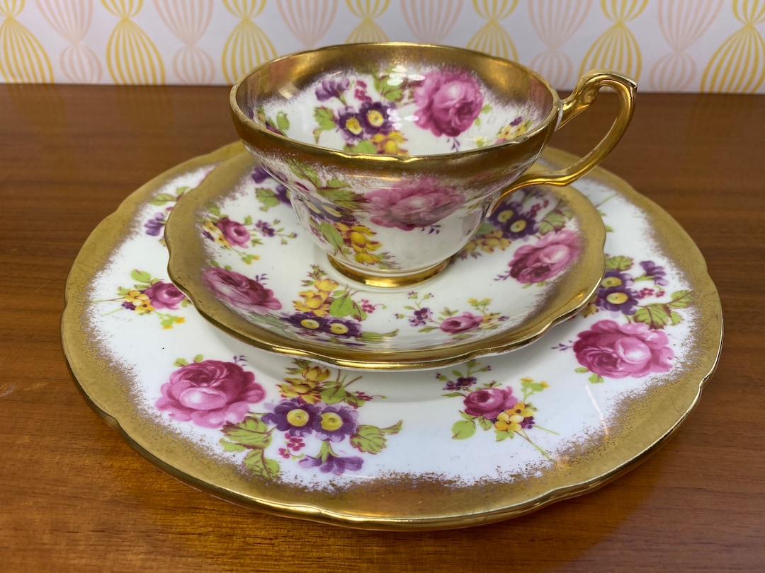 E B Foley Heavy Gold Tea Cup Saucer and Plate Set, English Bone China ...