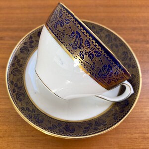 Crown Chelsea China Tea Cup and Saucer, Gold and Dark Cobalt Blue Roses ...