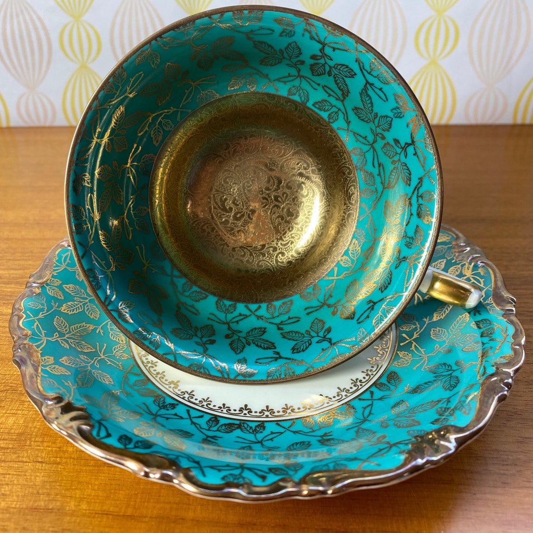 Bavaria Germany Turquoise and Gold Leaf Tea Cup and Saucer - Etsy