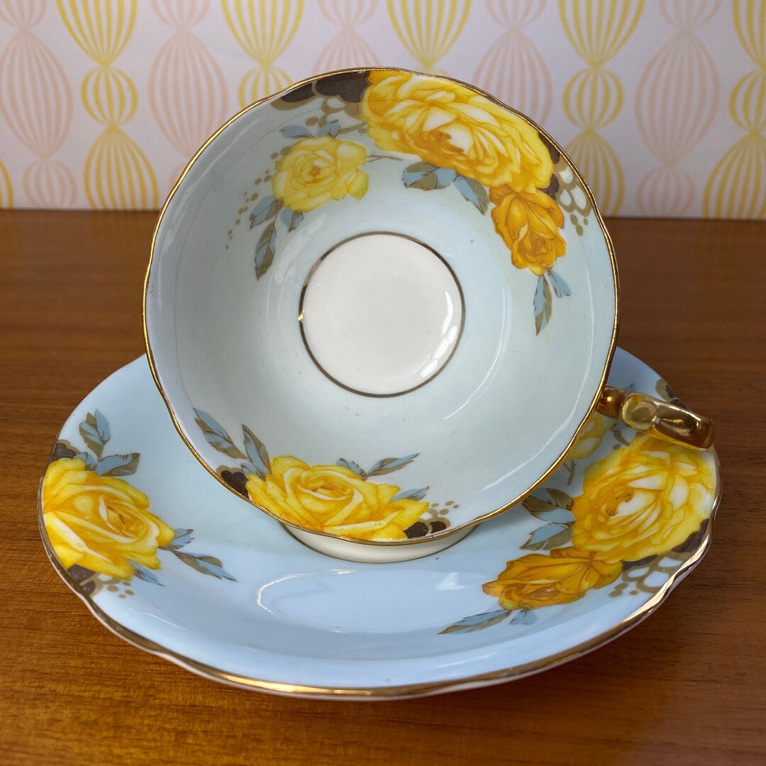 Yellow Rose Tea Cup and Saucer, Aynsley China Light Blue Teacup and ...
