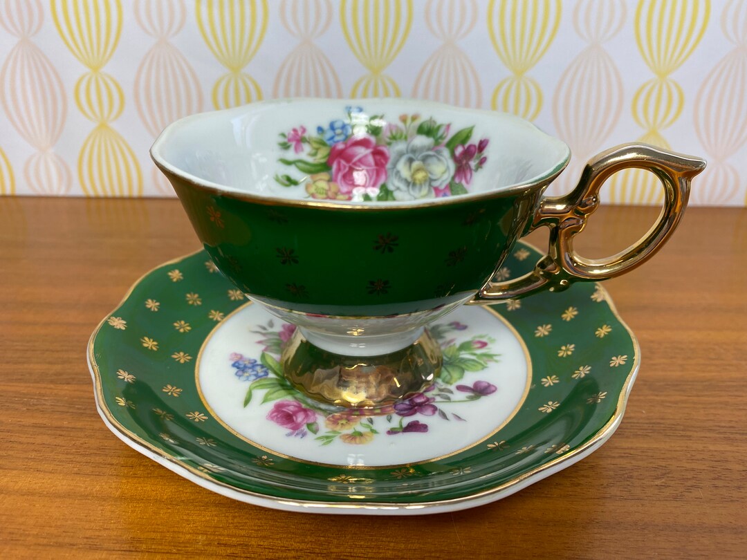 Japanese Tea Cup and Saucer Shafford Japan Green Teacup and - Etsy
