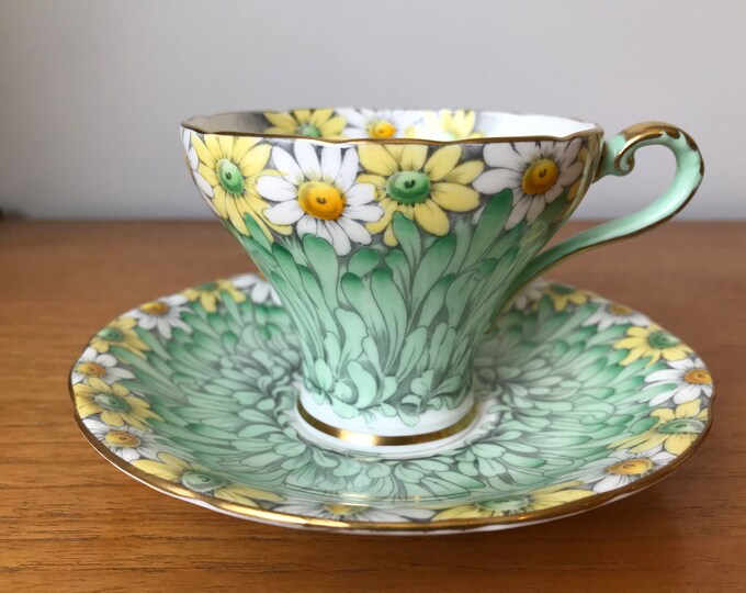 Aynsley Daisy Teacup and Saucer, Green Floral Tea Cup and Saucer, Rare ...