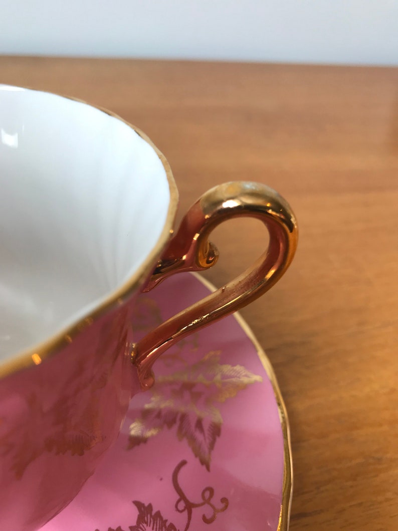 H M Sutherland Tea Cup and Saucer Bright Pink Gold Leaves - Etsy