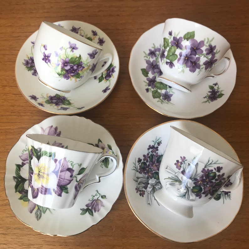 Purple Floral Teacups and Saucers Violets and Flower Tea Cups | Etsy