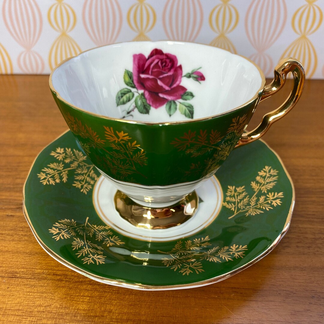 Royal Adderley Tea Cup and Saucer, Gorgeous Army Green Band Teacup and ...