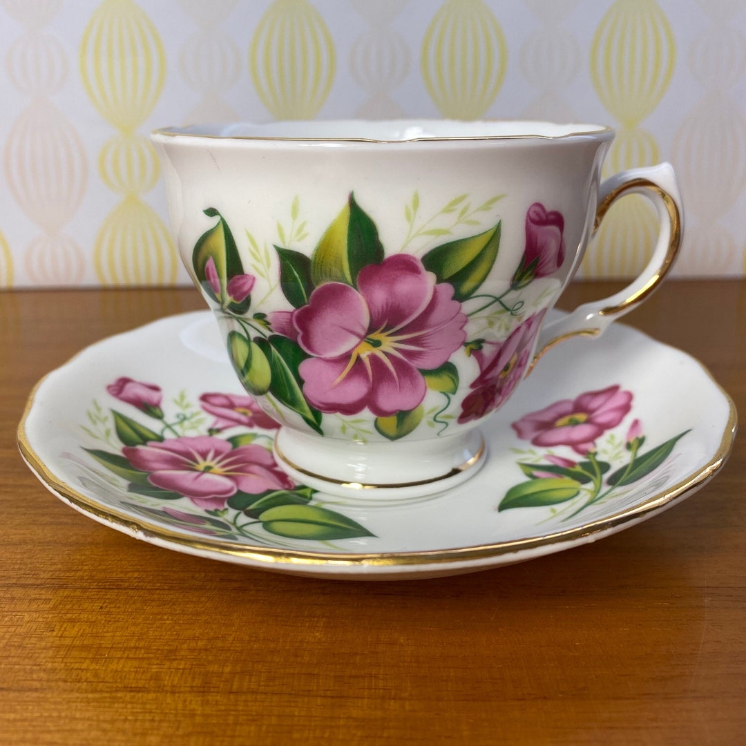 Royal Vale Pink Morning Glory Floral Bone China Tea Cup and Saucer ...