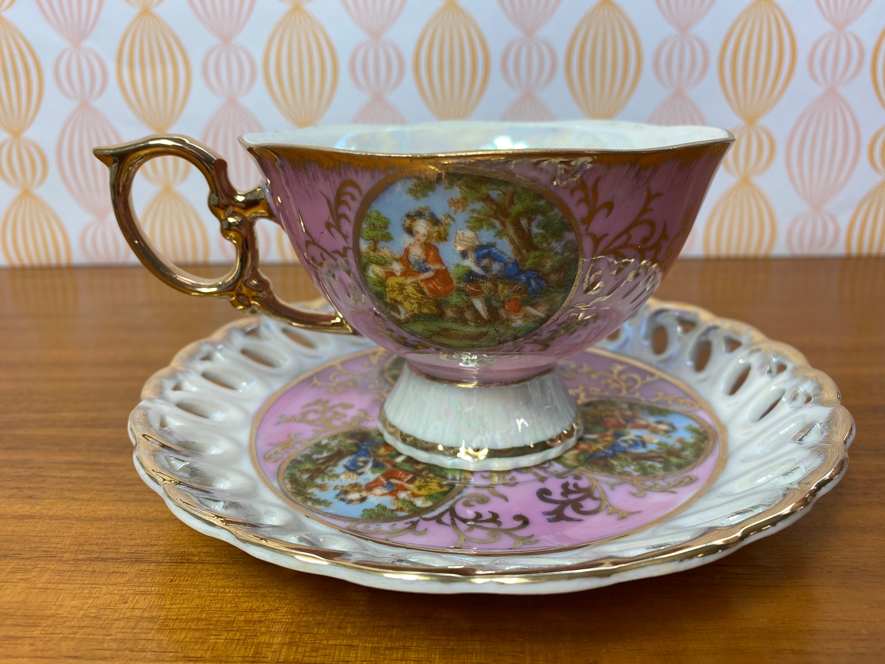 Japanese Courting Couple Tea Cup and Saucer Pink Lustreware | Etsy