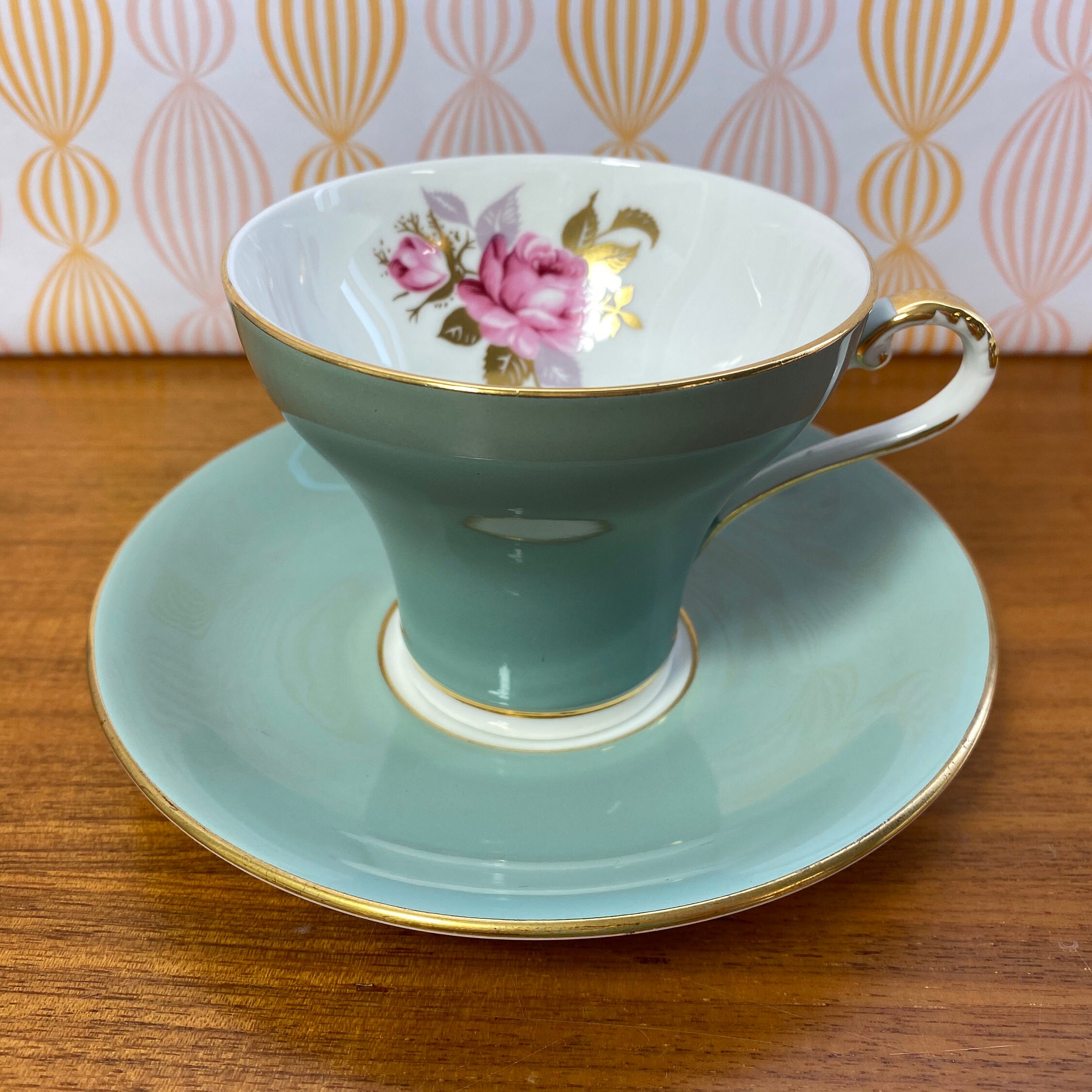 Vintage Bone China Aynsley Teacup and Saucer, Sage Green Vintage Bone China Aynsley Teacup and Saucer, Sage Green