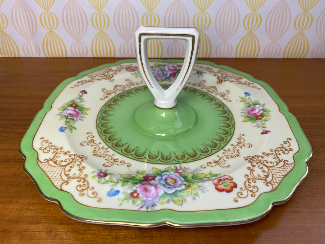 Japanese Serving Tray With Handle, Bright Green China Tray With Pink ...