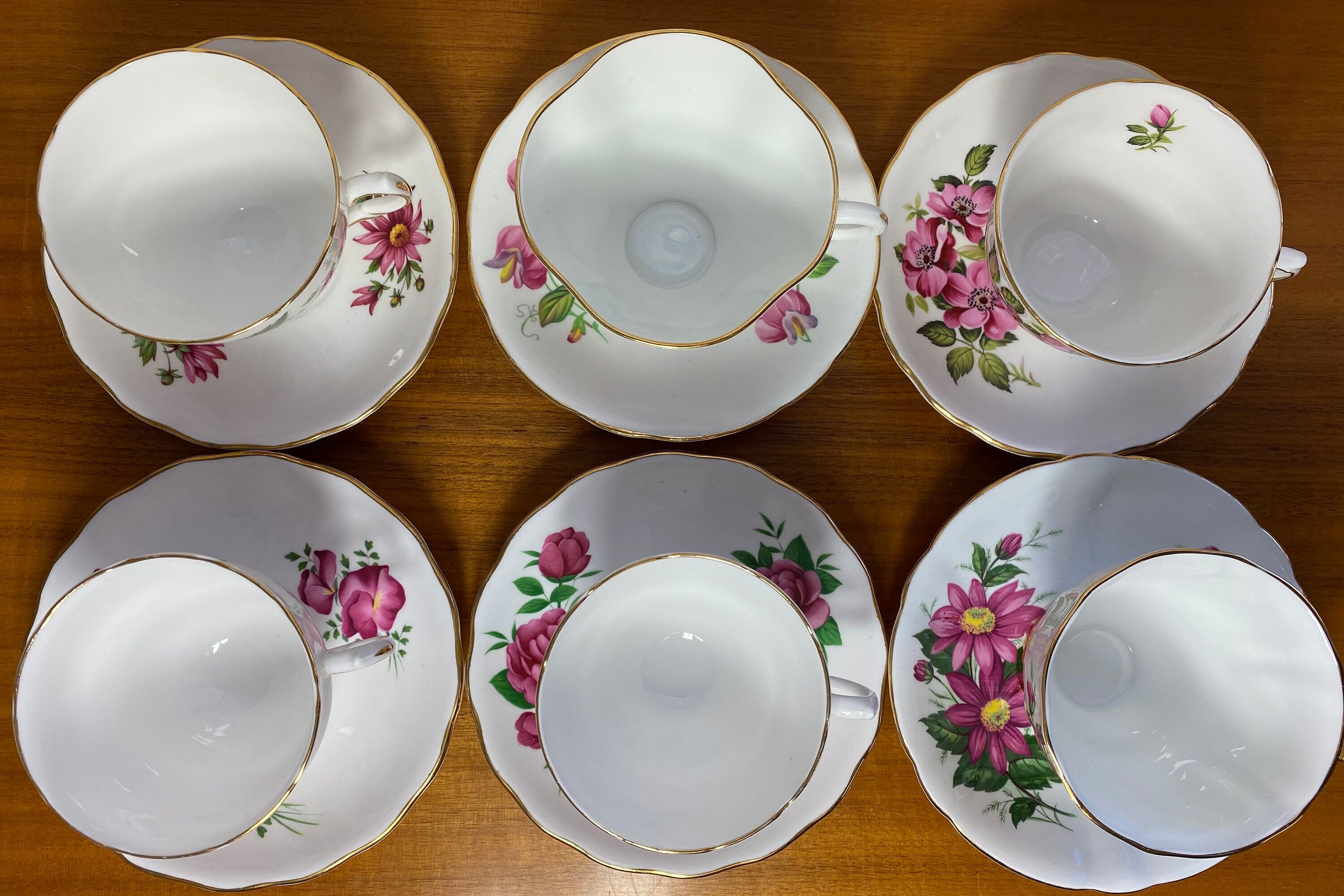 Tea Set for Six Pink Floral Tea Cups and Saucers Mismatched | Etsy