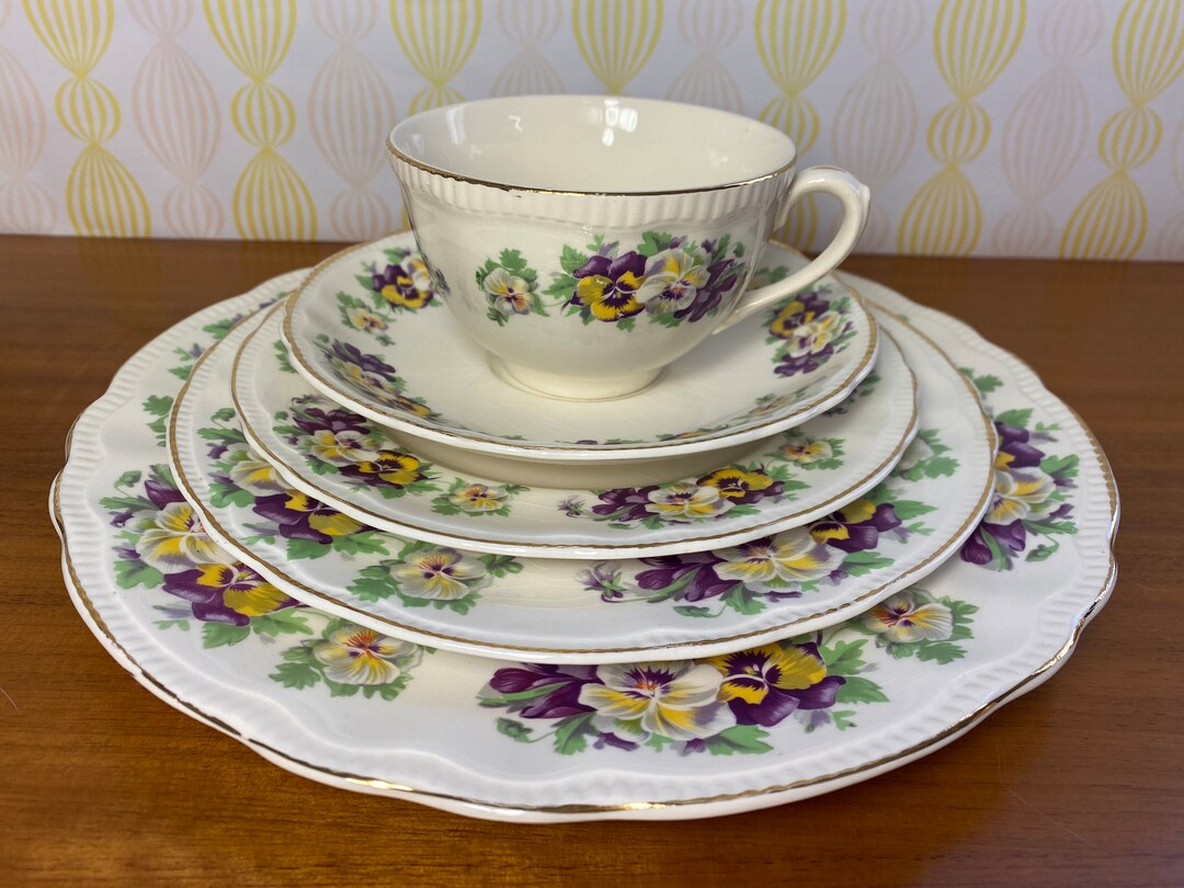 Pansy Dinnerware Set, Sovereign Potters Earthenware Purple White and ...