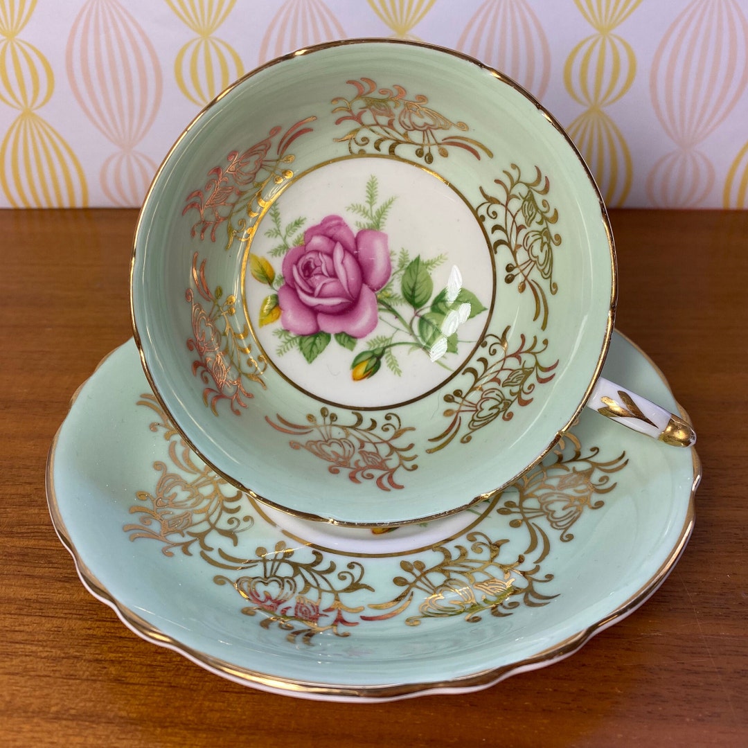 Paragon Rose Tea Cup and Saucer, Pale Green and Pink Rose China Teacup ...