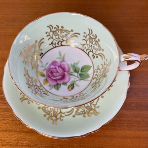 Paragon Rose Tea Cup and Saucer, Pale Green and Pink Rose China Teacup ...