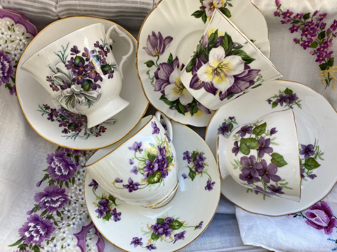 Purple Floral Teacups and Saucers, Violets and Flower Tea Cups and ...