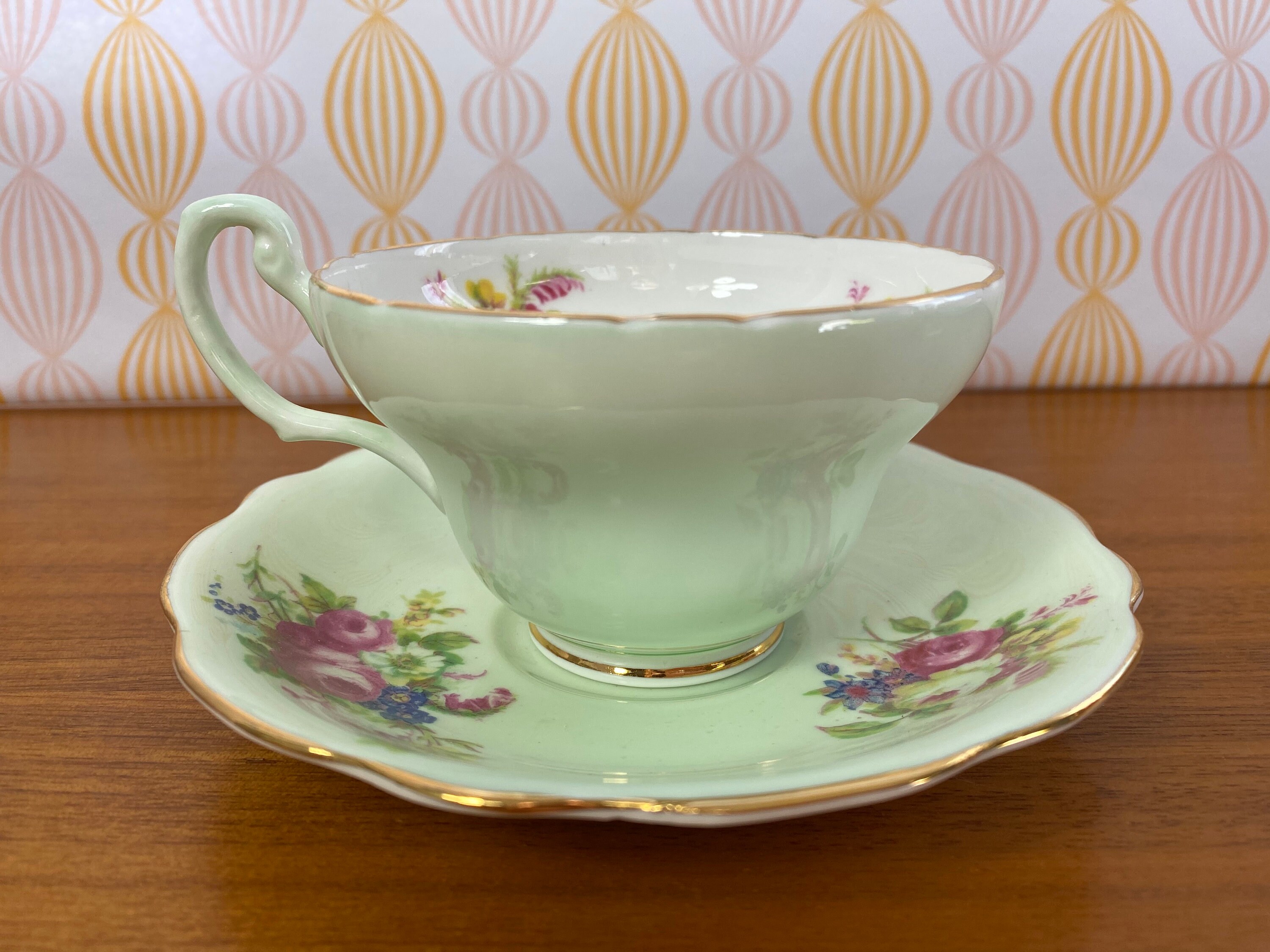 Foley China Tea Cup and Saucer Pastel Green Floral Teacup and | Etsy