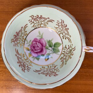 Paragon Rose Tea Cup and Saucer, Pale Green and Pink Rose China Teacup ...