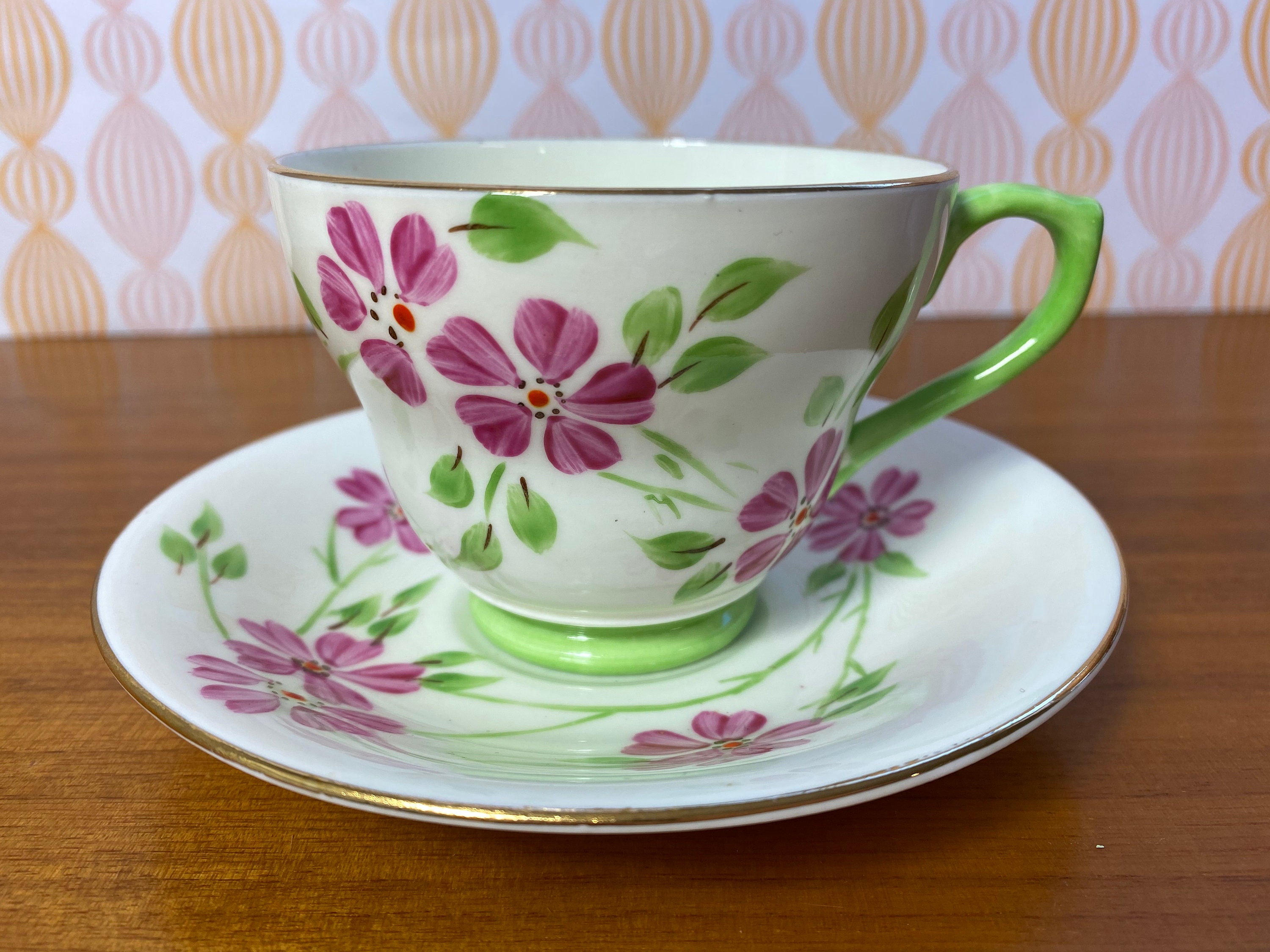 Vintage Hand Painted Tea Cup and Saucer Sutherland Pink and | Etsy