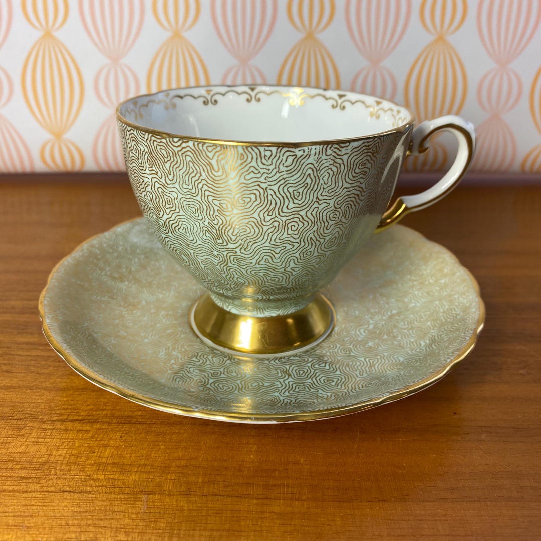 Tuscan China Tea Cup and Saucer, Light Pastel Green With Gold Squiggle ...