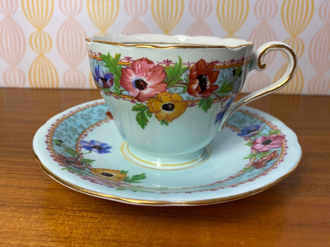 Aynsley Vintage Poppy Teacup Duo, Light Blue Tea Cup and Saucer, Floral ...