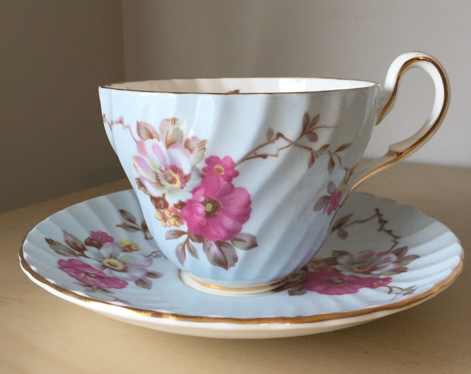 E.B. Foley Light Blue Vintage Teacup and Saucer, Pink and White Wild ...