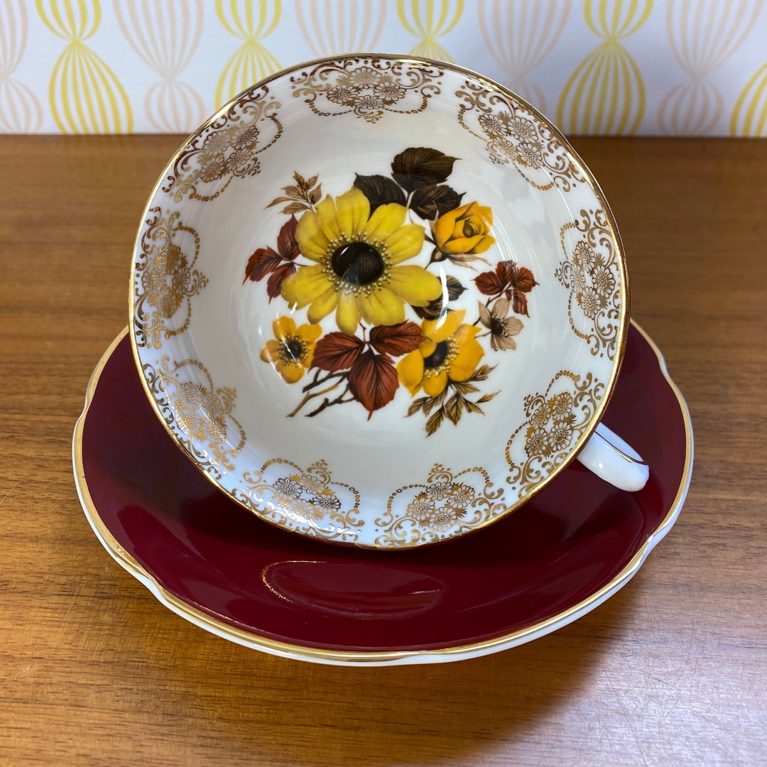 Dark Red Tea Cup and Saucer, Royal Grafton Sunflower Teacup and Saucer ...