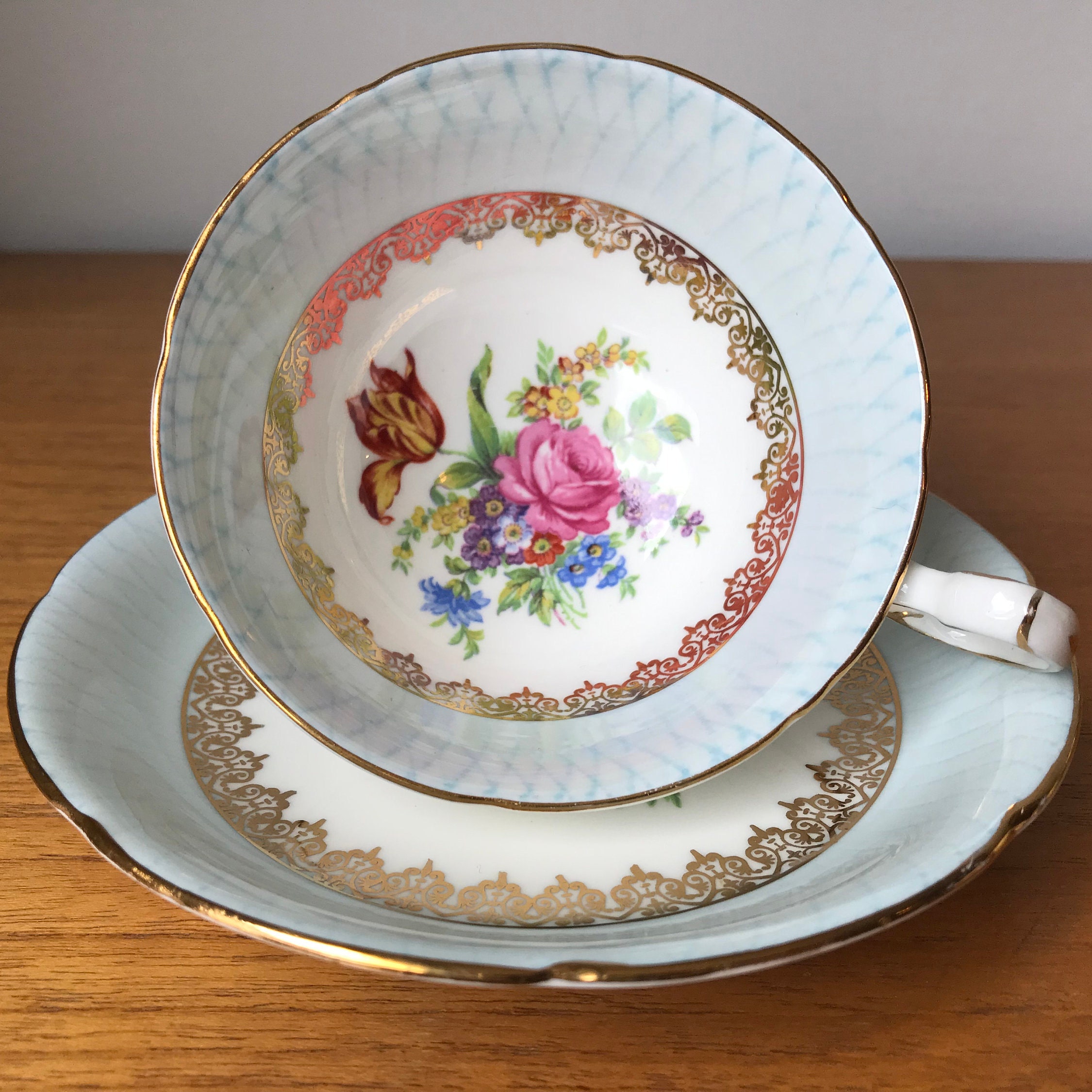 Royal Grafton Tea Cup and Saucer Floral Pale Blue Border | Etsy