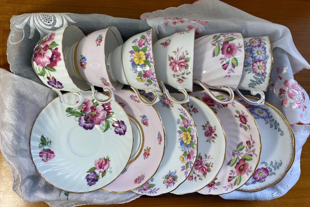 Pink and Purple Flower Tea Cups and Saucers, Bone China Teacups and ...